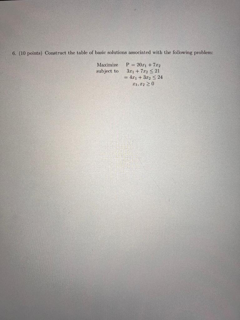 Solved 6. (10 points) Construct the table of basic solutions | Chegg.com