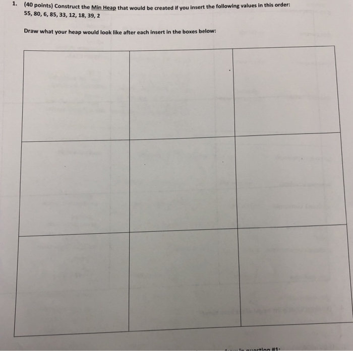Solved 1. (40 points) Construct the Min Heap 55, 80, 6, 85, | Chegg.com