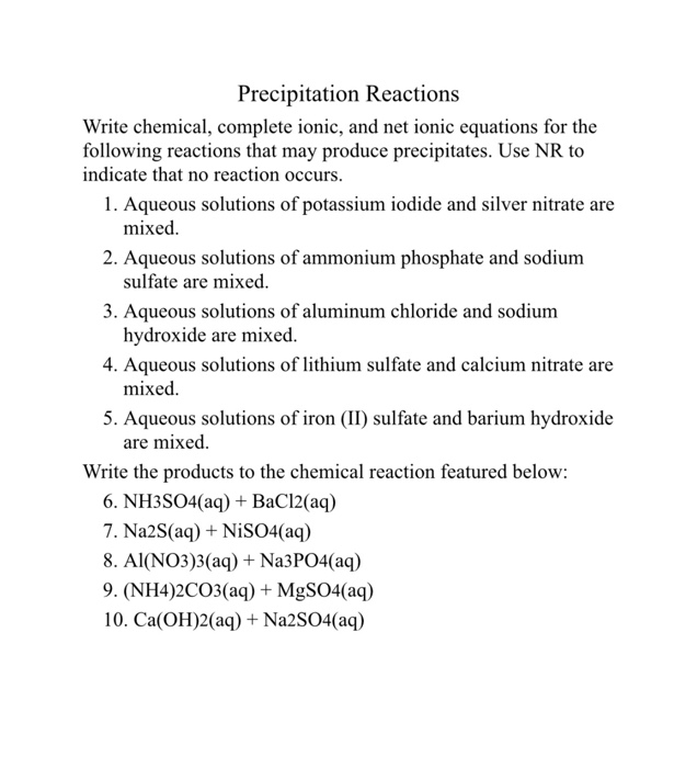 Solved Precipitation Reactions Write chemical, complete | Chegg.com