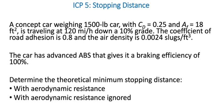 Solved ICP 5: Stopping Distance A concept car weighing | Chegg.com
