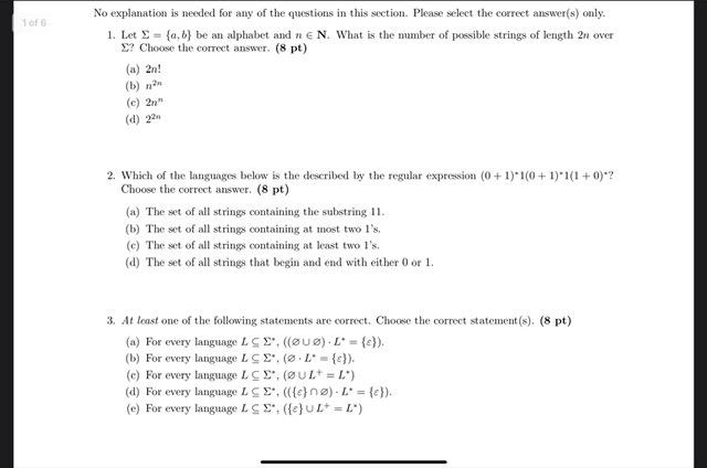Solved Tof No explanation is needed for any of the questions | Chegg.com