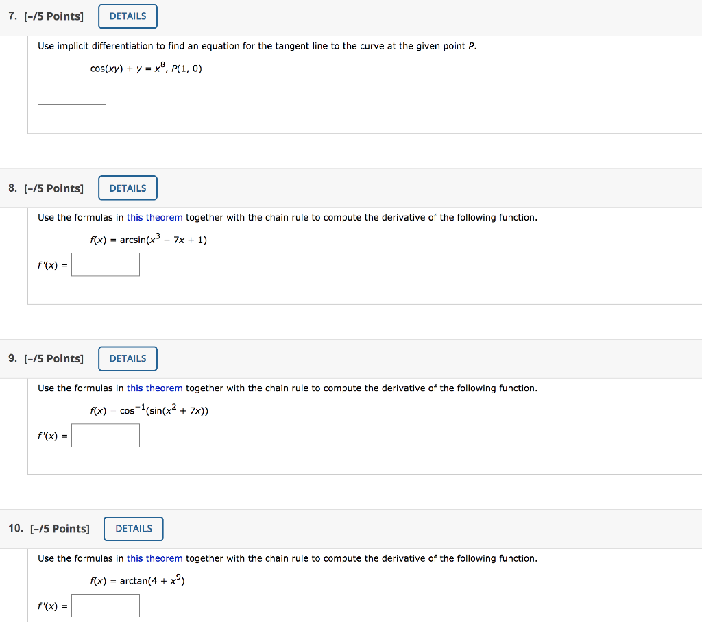 Solved 7. [-15 Points] DETAILS Use implicit differentiation | Chegg.com