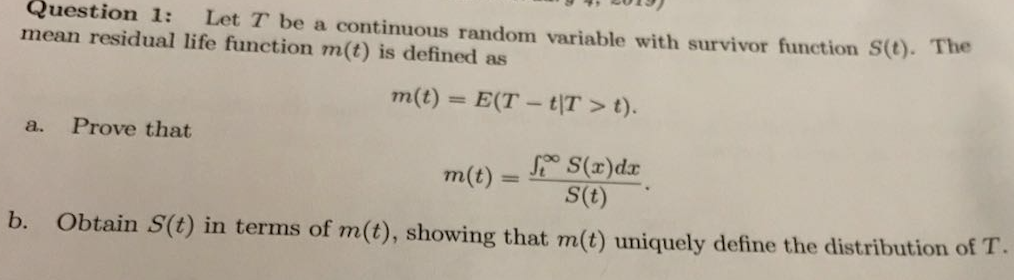 Solved Question 1: Let T be a continuous random variable | Chegg.com