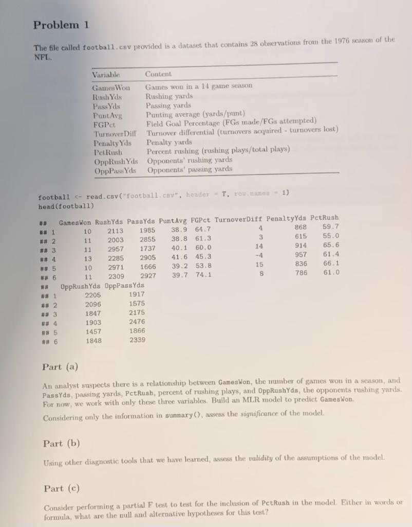 Problem 1 The file called football.csv provided is a | Chegg.com