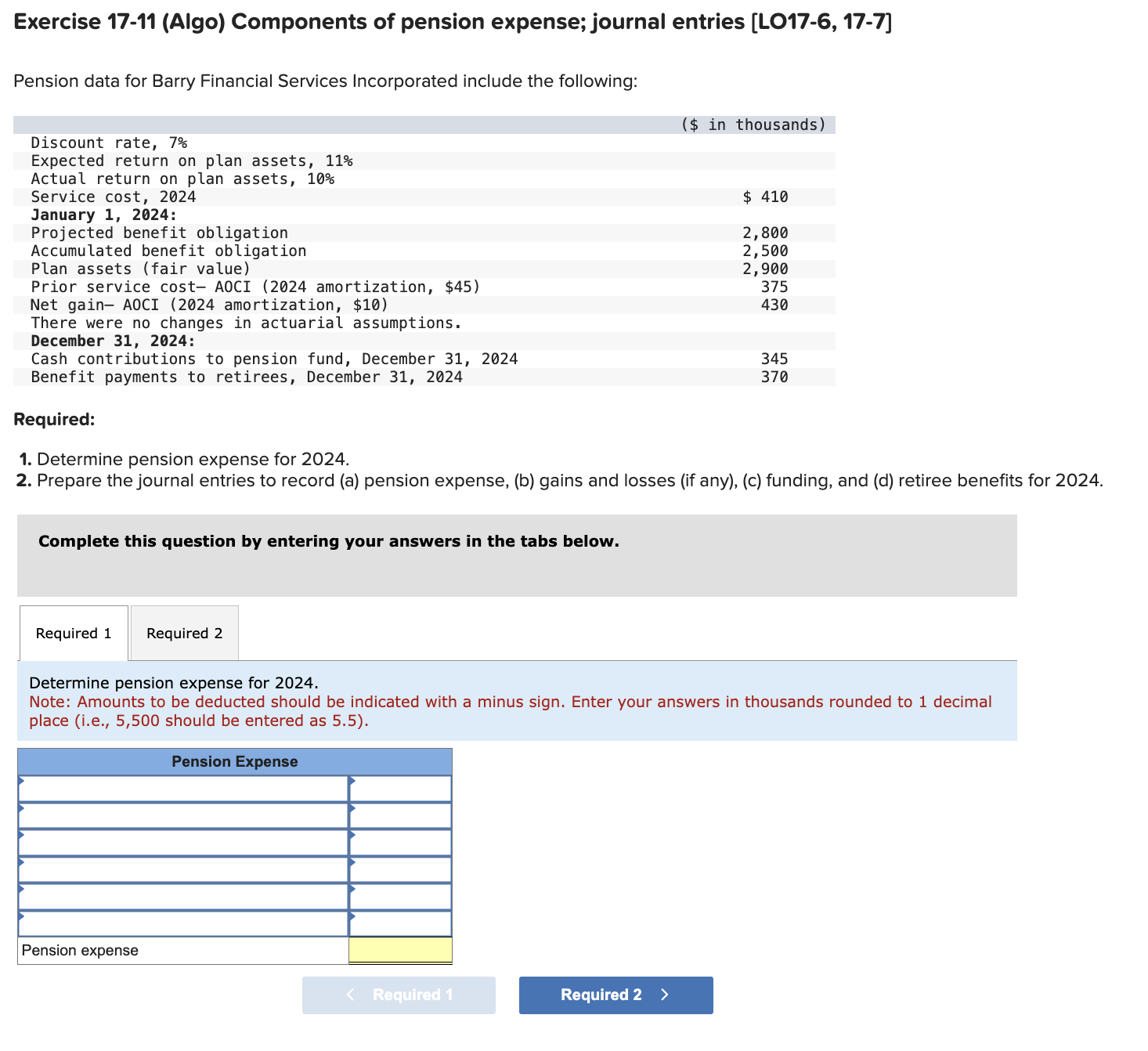 Solved Exercise 17-11 (Algo) ﻿Components of pension expense; | Chegg.com