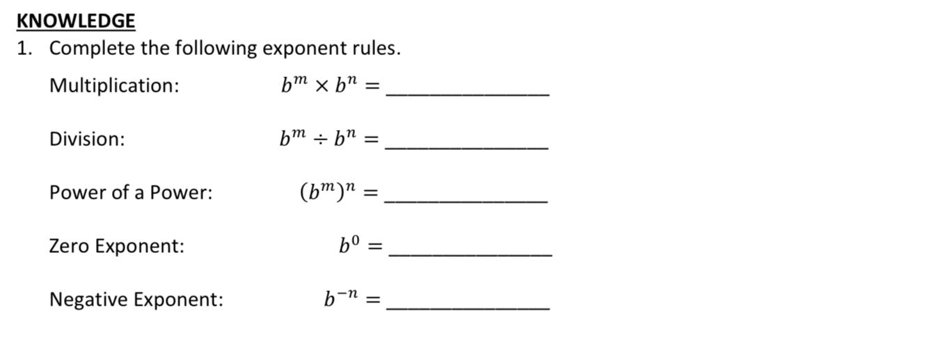 Solved KNOWLEDGE 1. Complete the following exponent rules. | Chegg.com
