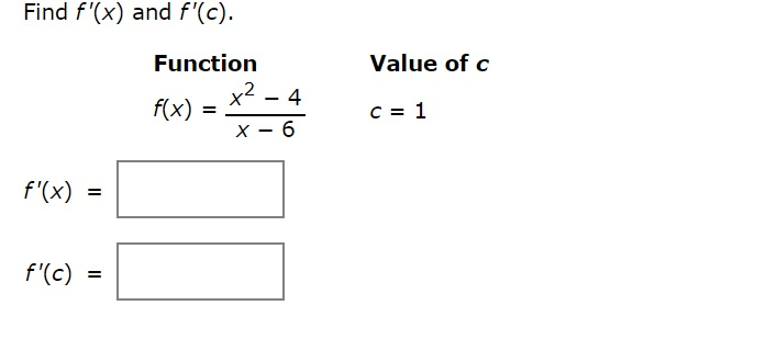 Solved Find f'(x) and f'(c). Value of c Function x² - 4 f(x) | Chegg.com