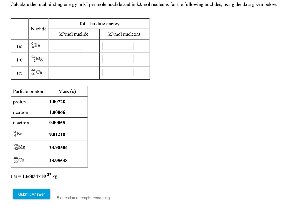 Solved Calculate the total binding energy in kJ per mole | Chegg.com