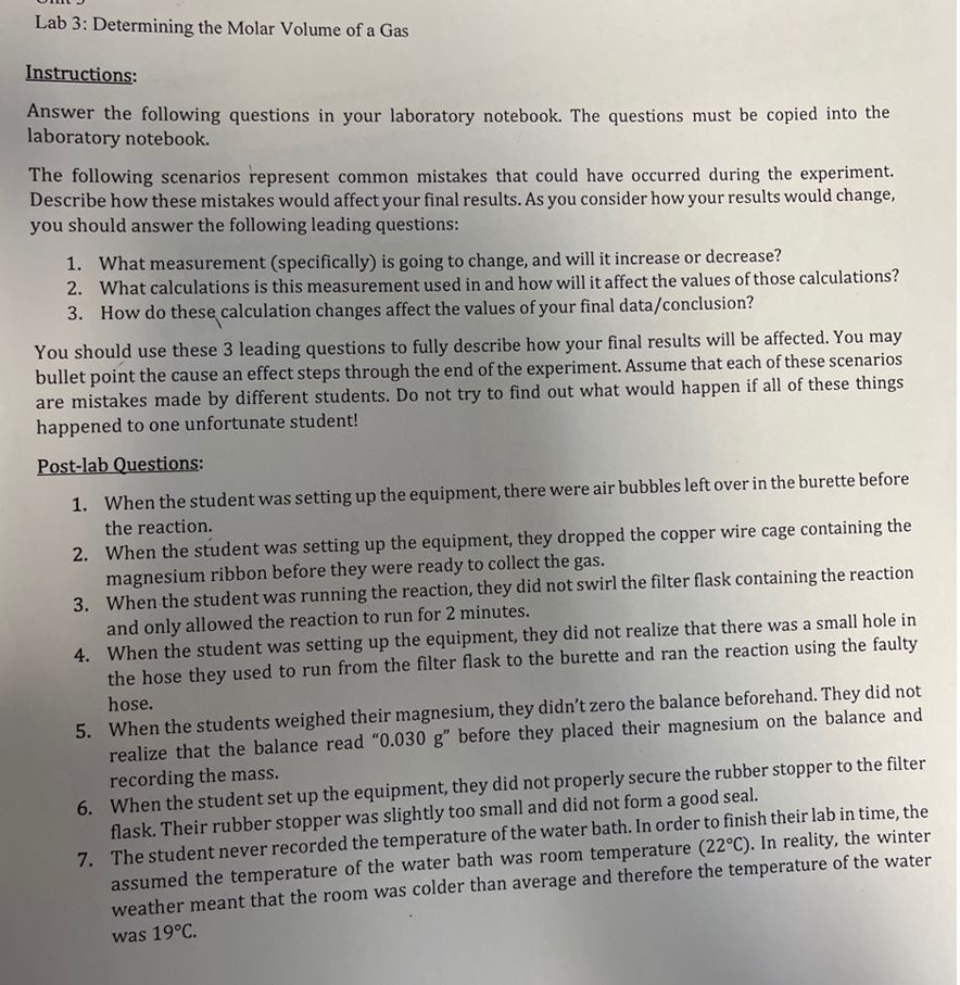 Solved Lab 3: Determining the Molar Volume of a Gas | Chegg.com