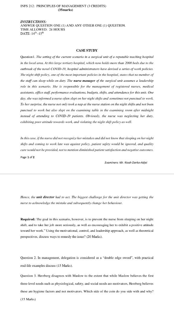 Solved INFS 212: PRINCIPLES OF MANAGEMENT (3 CREDITS) | Chegg.com