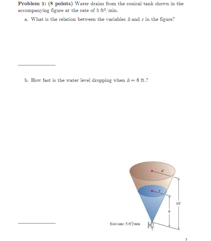 Solved Problem 1: ( 8 points) Water drains from the conical | Chegg.com