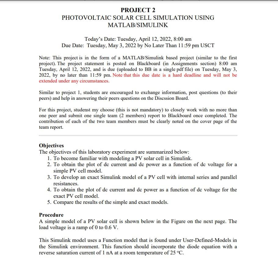 Solved PROJECT 2 PHOTOVOLTAIC SOLAR CELL SIMULATION USING | Chegg.com