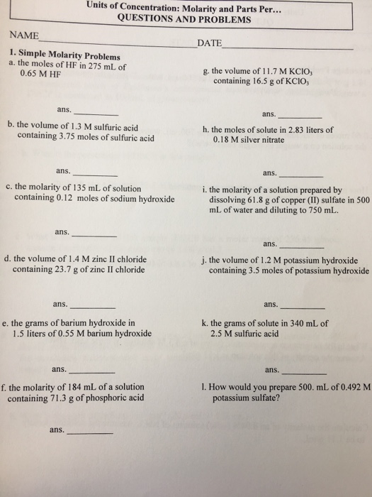Solved Units of Concentration: Molarity and Parts Per... | Chegg.com