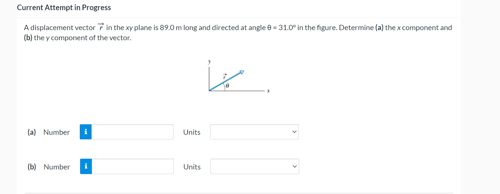 Solved A displacement vector r in the xy plane is 89.0 m | Chegg.com