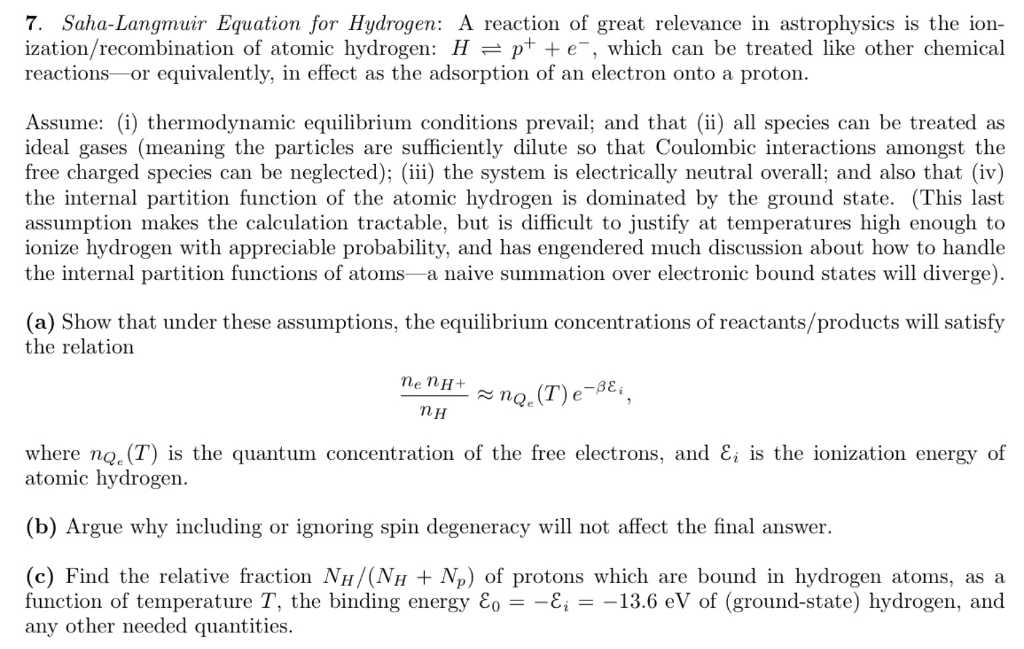 Solved 7. Saha-Langmuir Equation for Hydrogen: A reaction of | Chegg.com