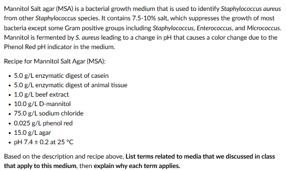 Solved Mannitol Salt agar (MSA) is a bacterial growth medium | Chegg.com