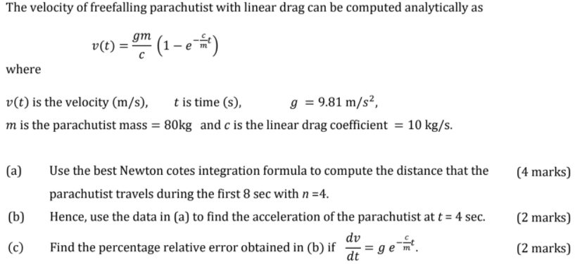 Solved The Velocity Of Freefalling Parachutist With Linear