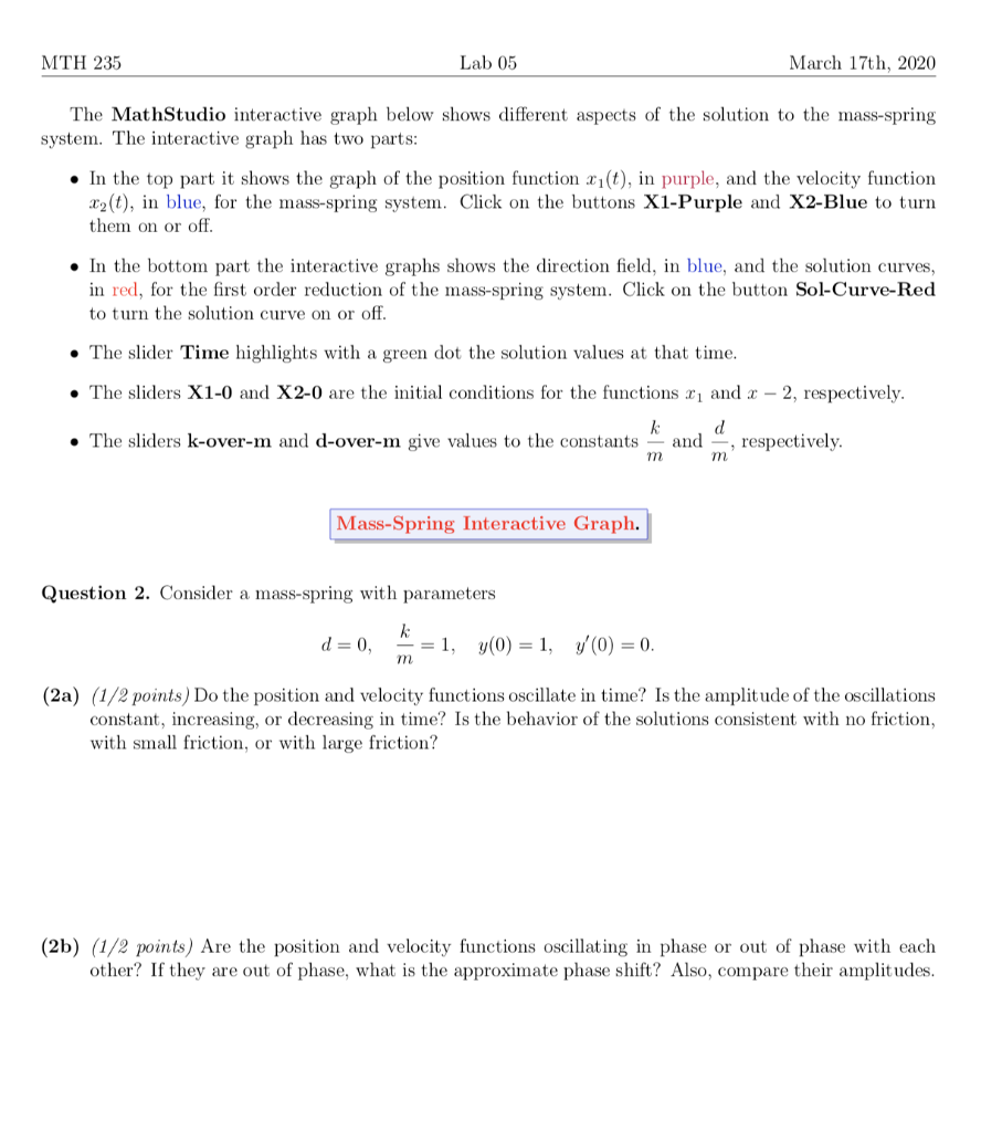 MTH 235 Lab 05 March 17th, 2020 The MathStudio | Chegg.com