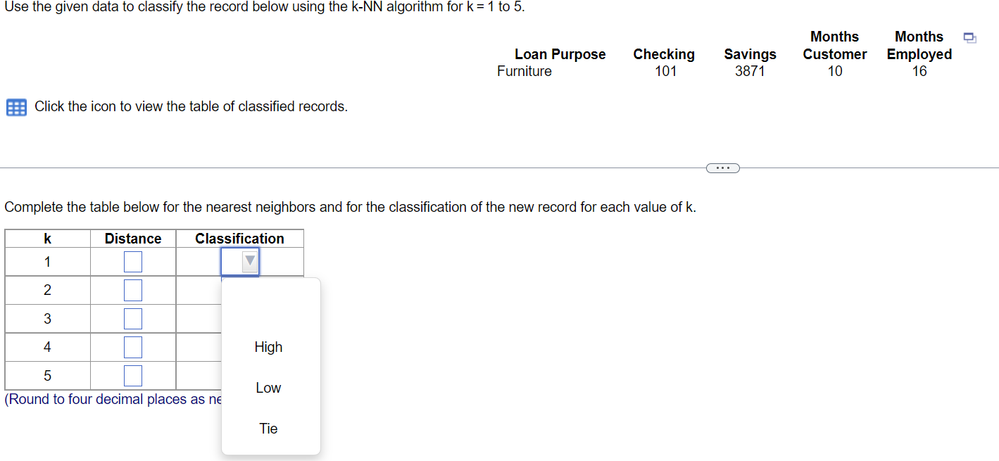 Solved Use the given data to classify the record below using | Chegg.com