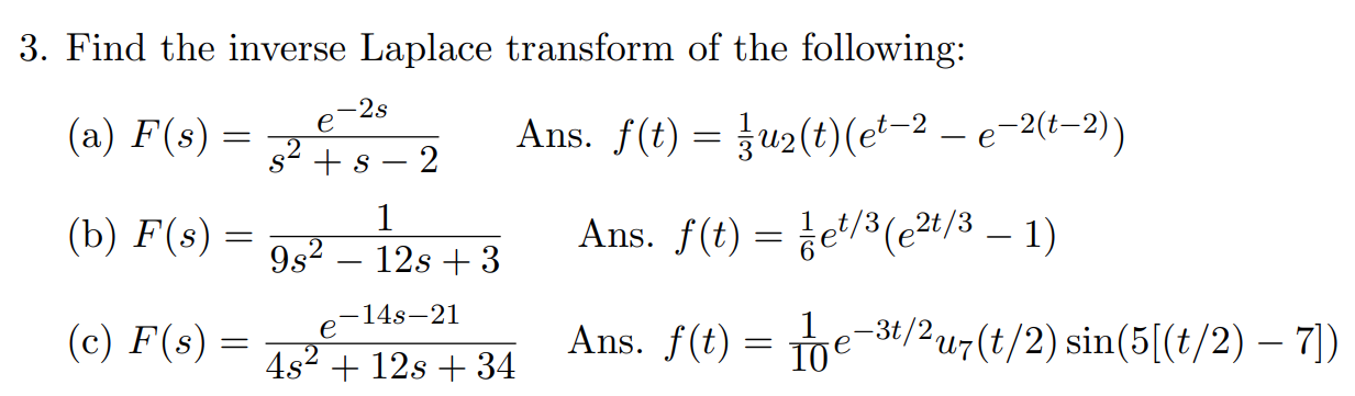 Solved 3. Find the inverse Laplace transform of the | Chegg.com