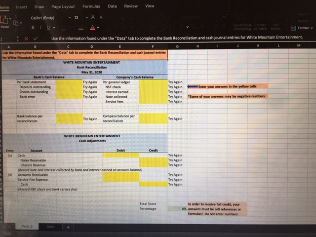 Solved ame Insert Data Review View Draw Page Layout Calibri | Chegg.com