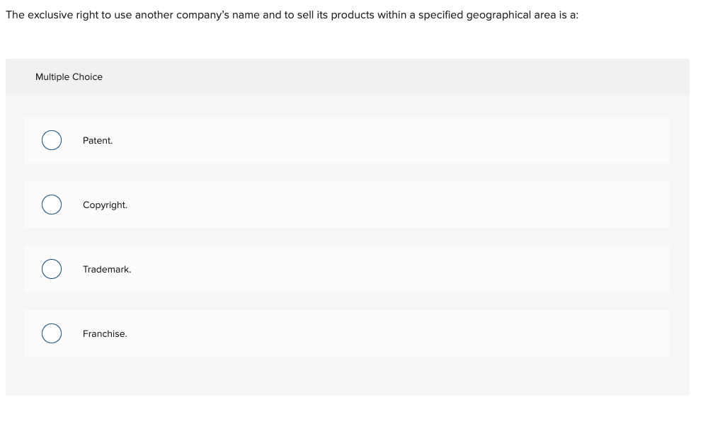 Solved The exclusive right to use another company’s name and | Chegg.com