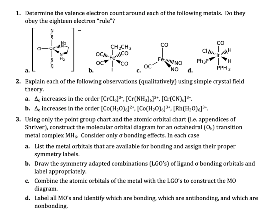 Solved 1. Determine the valence electron count around each | Chegg.com