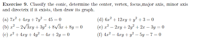 Solved Exercise 9. Classify the conic, determine the center, | Chegg.com