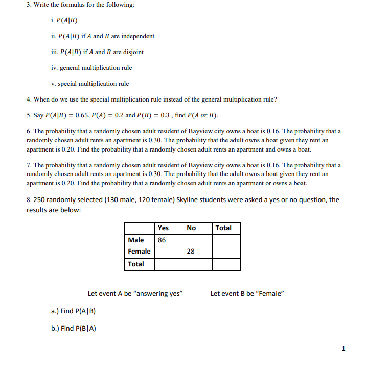 Solved 3. Write the formulas for the following: i. P(A∣B) | Chegg.com