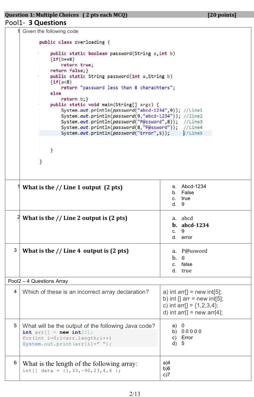 Solved Question 1: Multiple Choices ( 2 pts each MCQ) [20 | Chegg.com