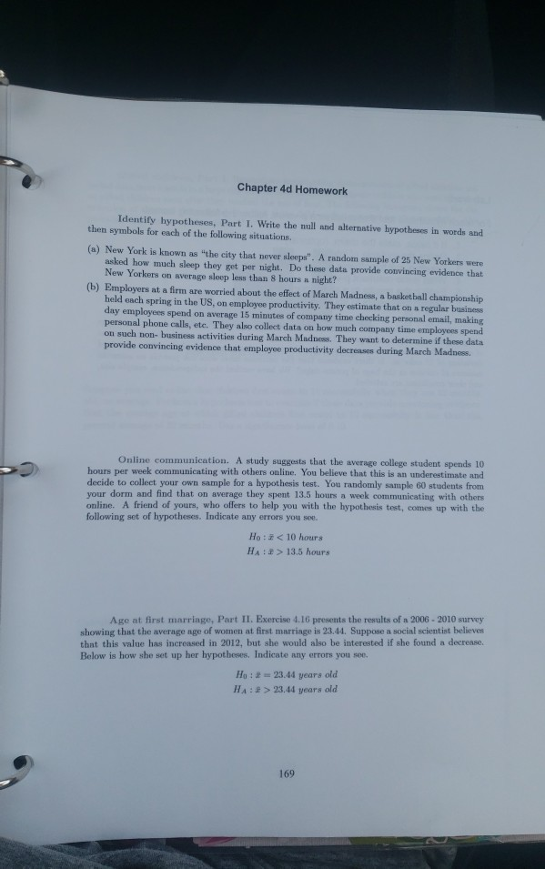 Solved Chapter 4d Homework Identify Hypotheses Part I W