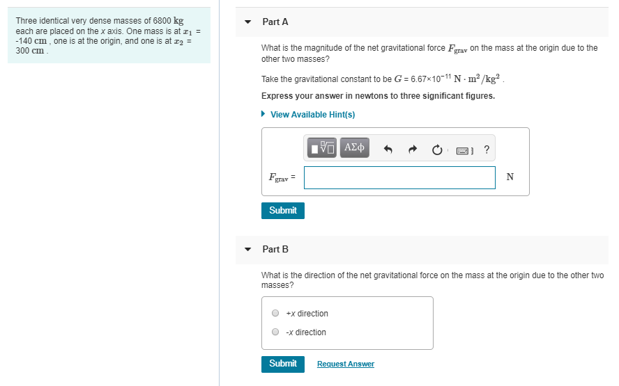 Solved Three identical very dense masses of 6800 kg each are | Chegg.com