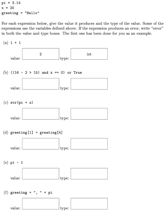 Solved pi =3.14x=20 greeting = "Hello" For each expression | Chegg.com