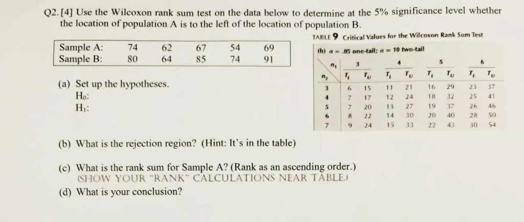 Solved 02.[4] Use the Wilcoxon rank sum test on the data | Chegg.com