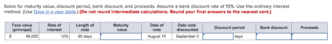 Solved Solve for maturity value, discount period, bank | Chegg.com