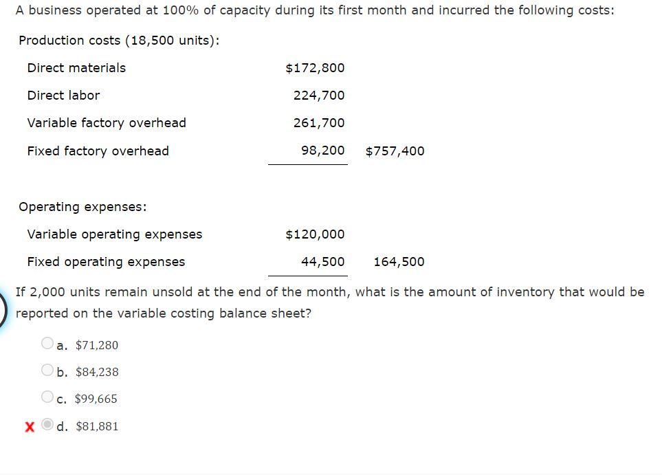 Solved A business operated at 100% of capacity during its | Chegg.com
