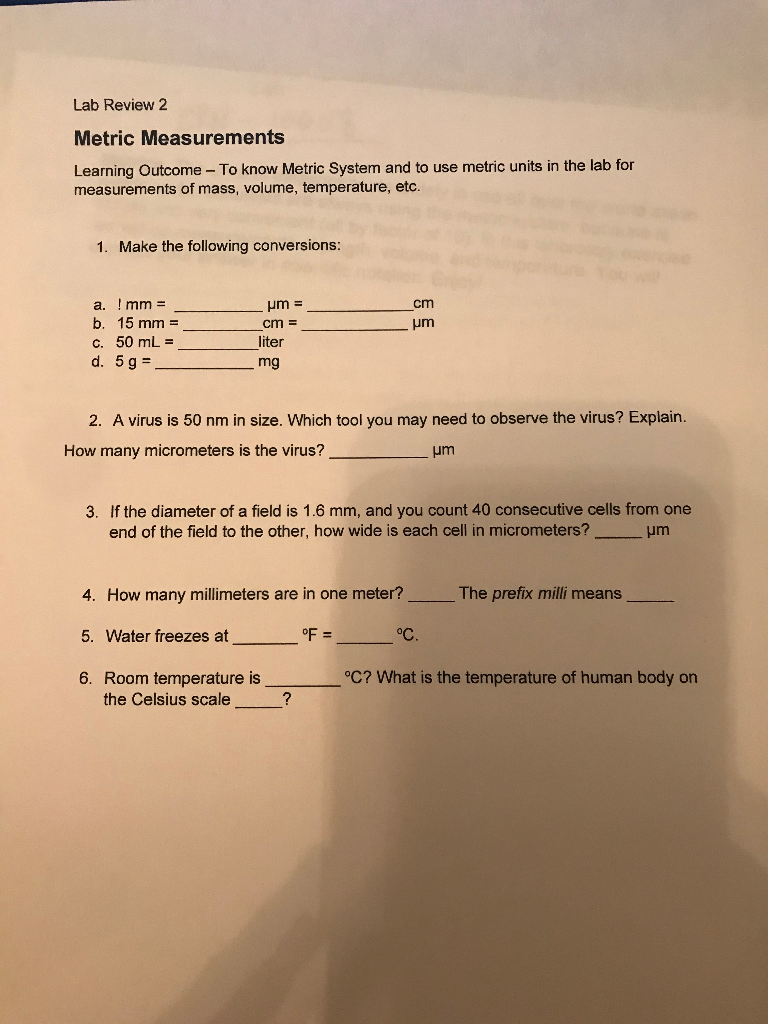 Solved Lab Review 2 Metric Measurements Learning Outcome - | Chegg.com