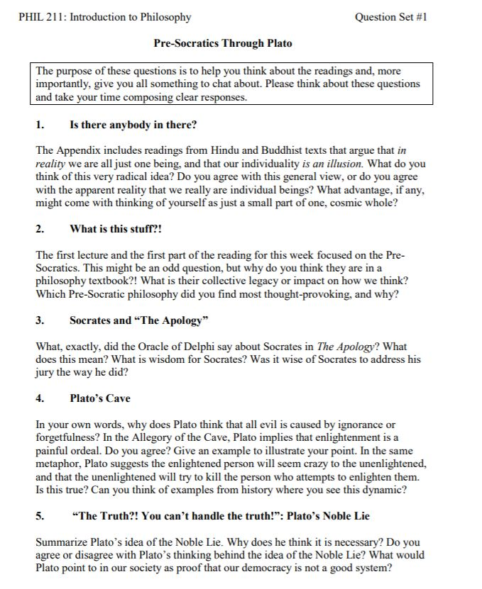 PHIL 211: Introduction to Philosophy Question Set #1 | Chegg.com