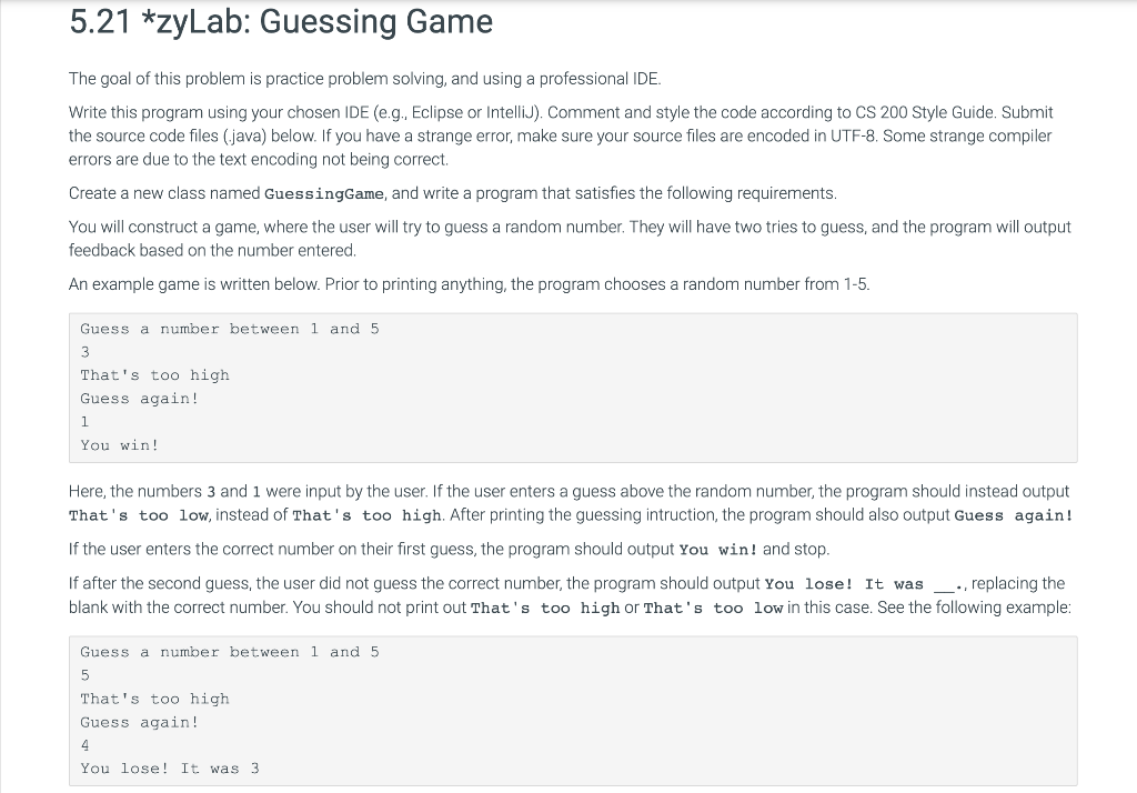 Solved 5.21 *zyLab: Guessing Game The goal of this problem | Chegg.com