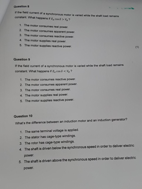 Solved Question 8 If the field current of a synchronous | Chegg.com