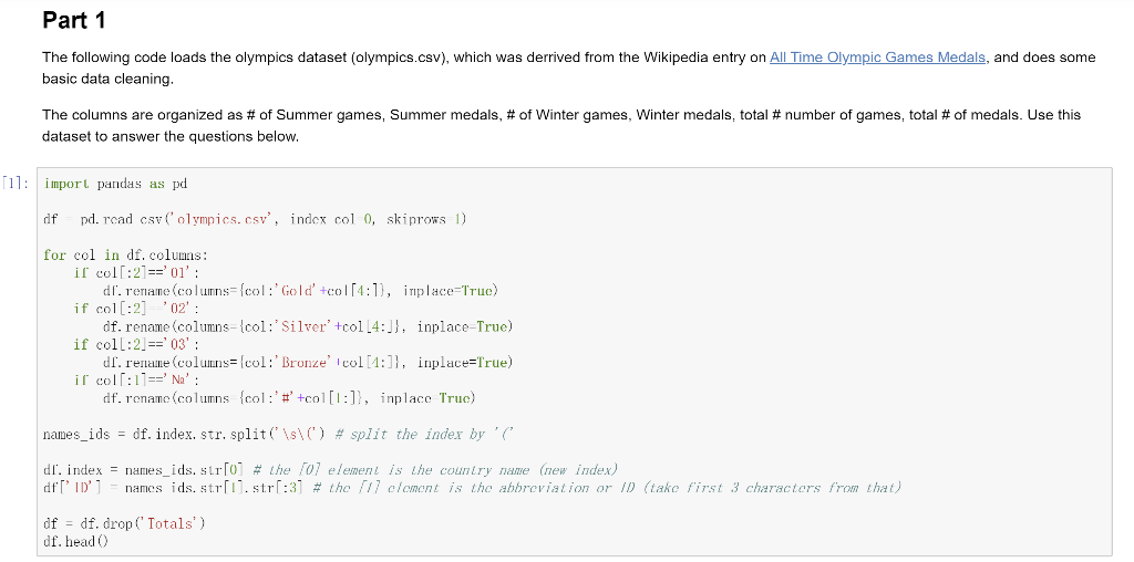 Solved Part 1 The following code loads the olympics dataset | Chegg.com