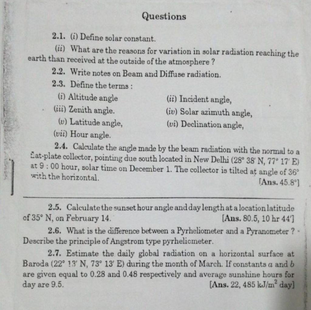 Solved Questions 2.1. (i) Define solar constant. (ii) What | Chegg.com