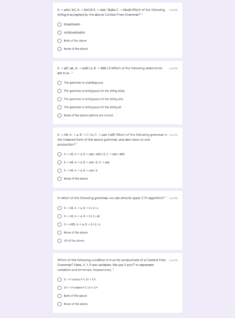 Solved 3 points S-> AbbCA-> bbCBB -> abb BaBa C -> bbaB | Chegg.com