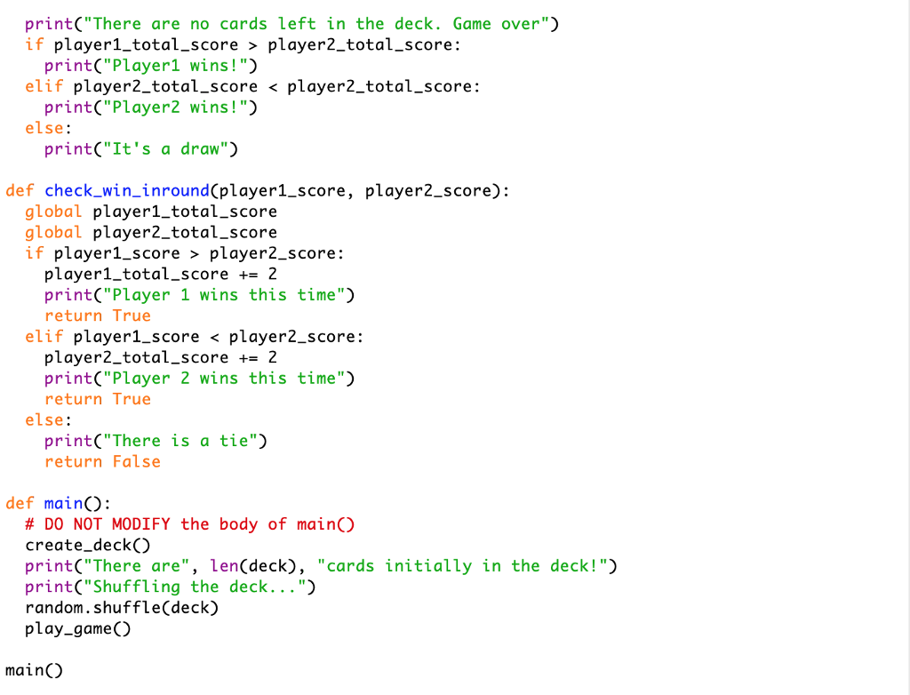 Solved This is my code so far for the card game, war. I'm | Chegg.com