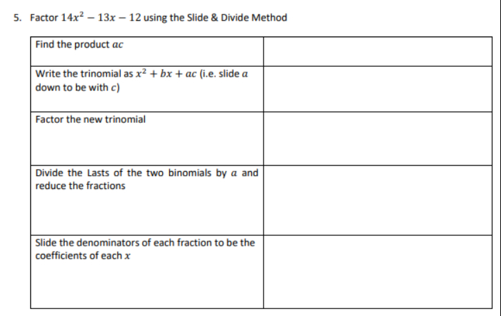 Solved Factor 14x2-13x-12 ﻿using the Slide & Divide Method | Chegg.com