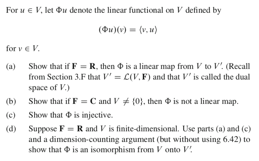 Solved For u∈V, let Φu denote the linear functional on V | Chegg.com
