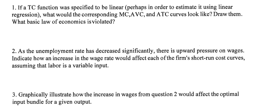 Solved 1. If a TC function was specified to be linear | Chegg.com