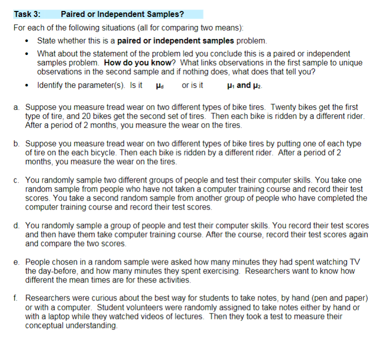 Solved Task 3: Paired or Independent Samples? For each of | Chegg.com