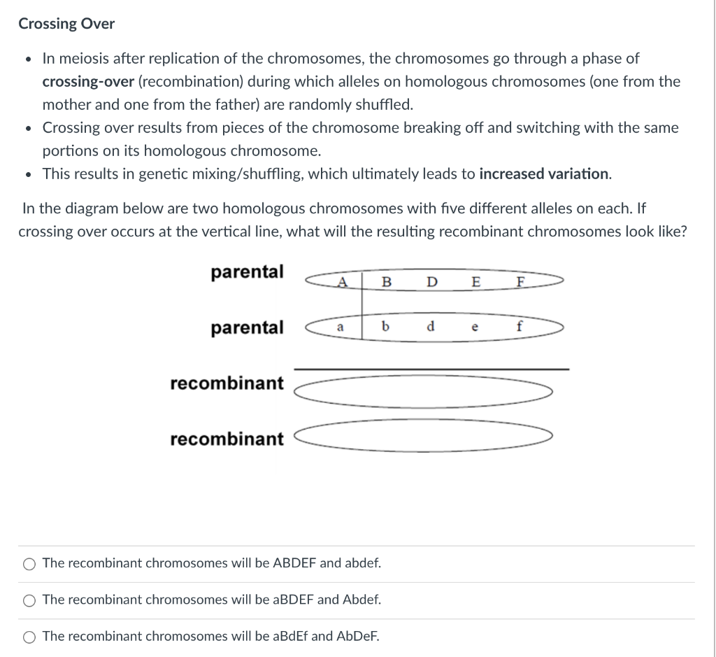 Solved Crossing Over • In meiosis after replication of the | Chegg.com