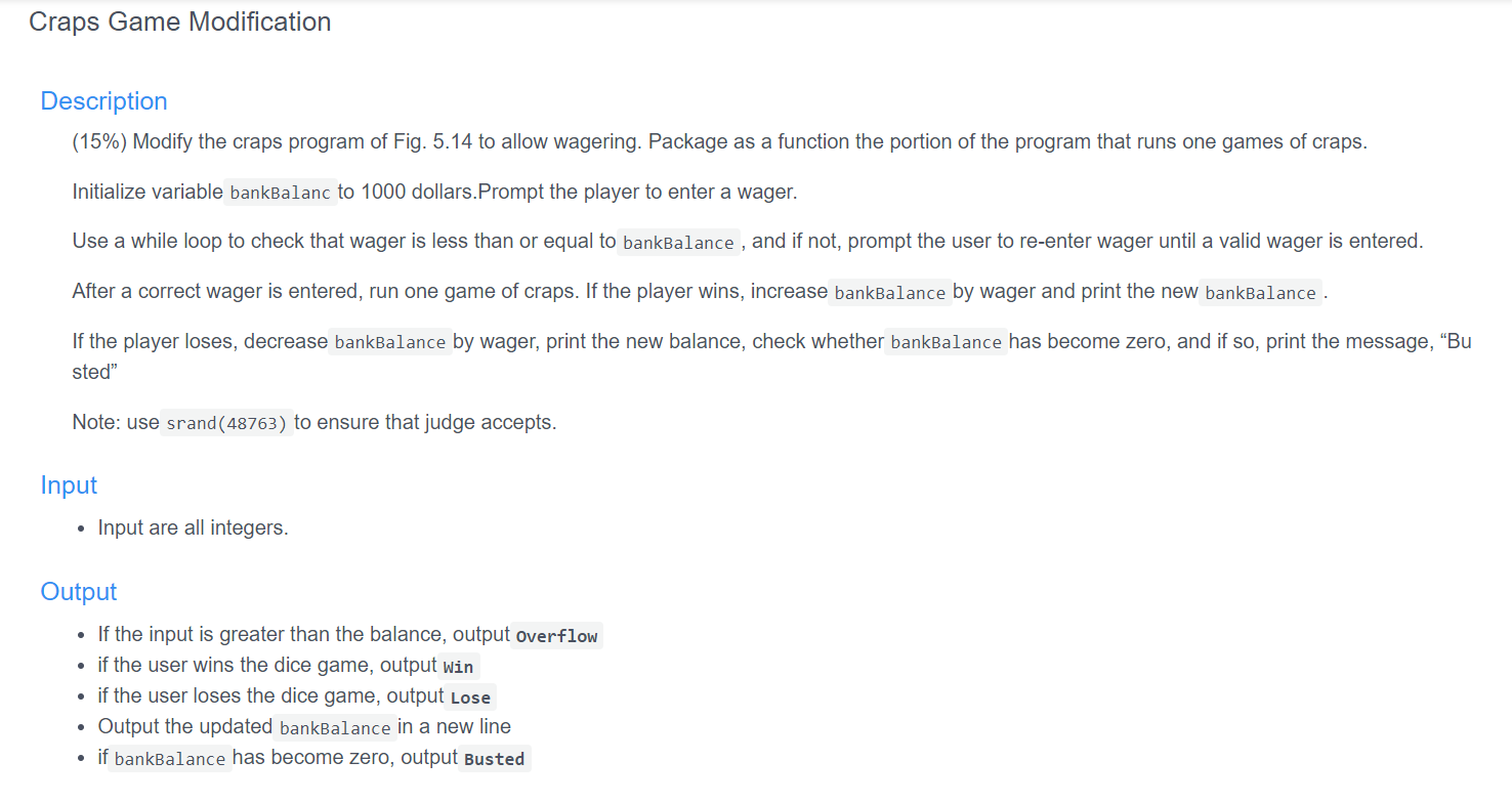 Solved Craps Game Modification Write In C